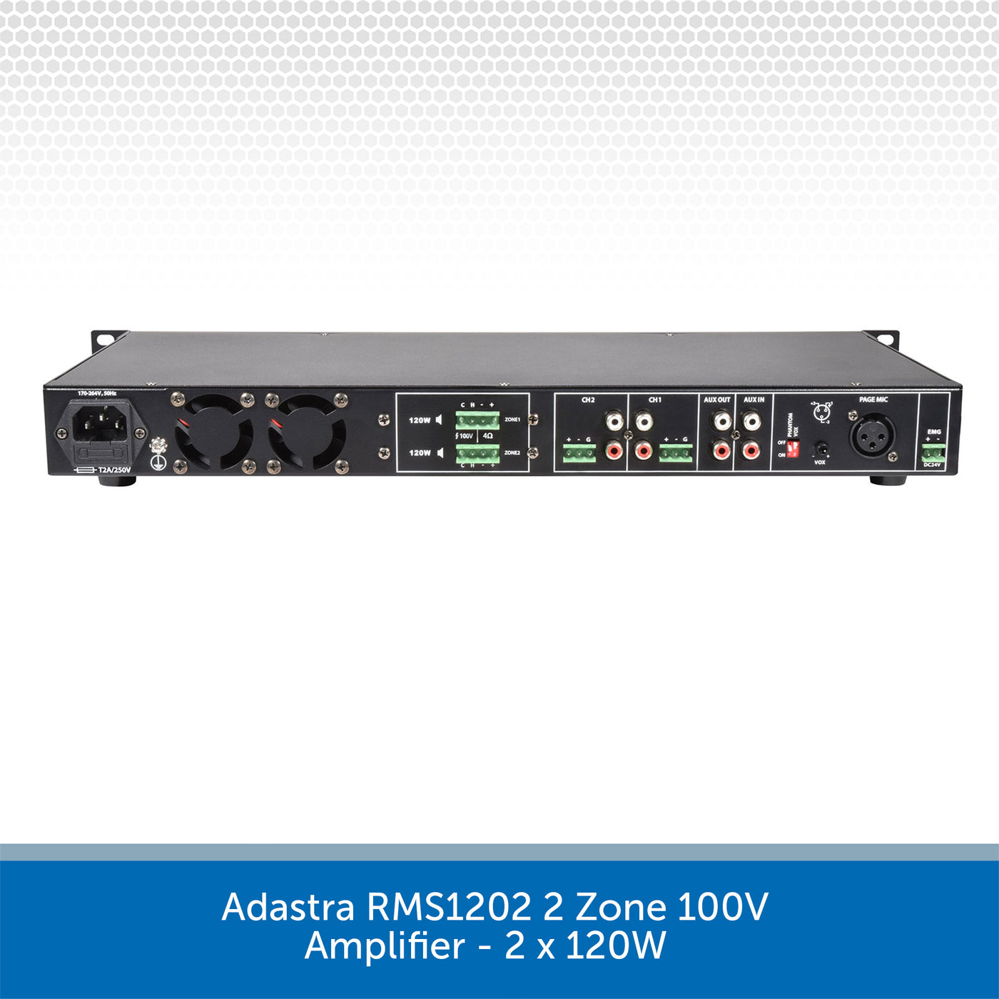 Adastra RMS1202 2-Zone Amplifier, 100V/4-16 Ohms, 2x120W | Audio Volt