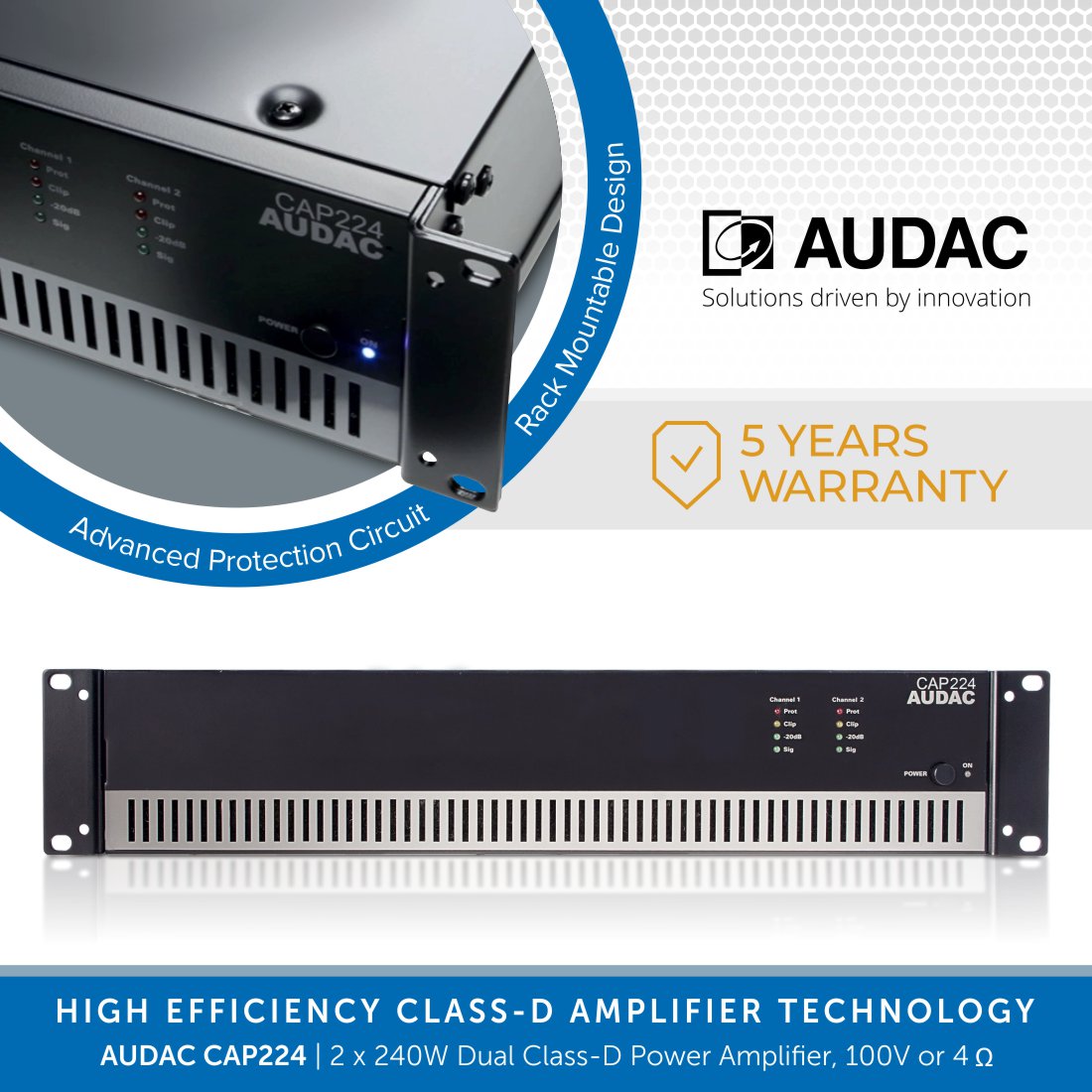 AUDAC CAP224 2 x 240W Dual Class-D Power Amp, 100V or 4 Ω | Audio Volt