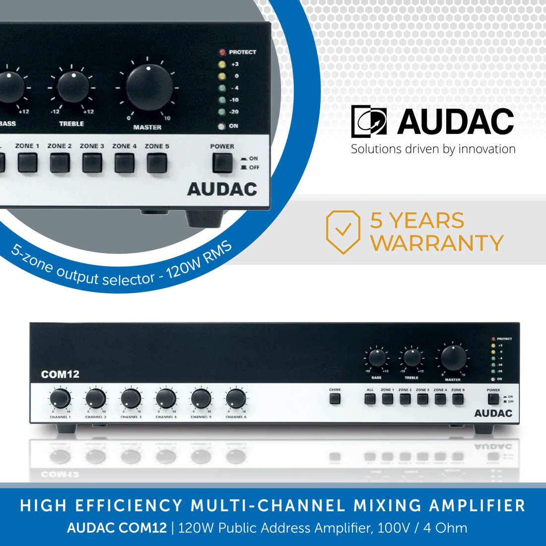AUDAC COM12 - 120W Public Address Amplifier, 100V/4Ω | Audio Volt