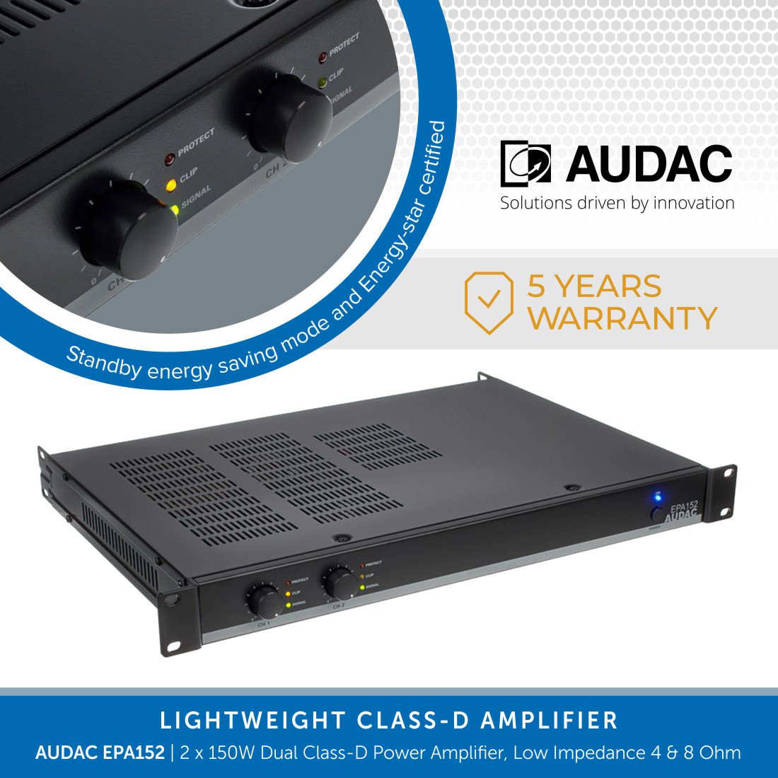 AUDAC EPA152 - 2 x 150W Class-D Power Amplifier, 4Ω / 8Ω | Audio Volt