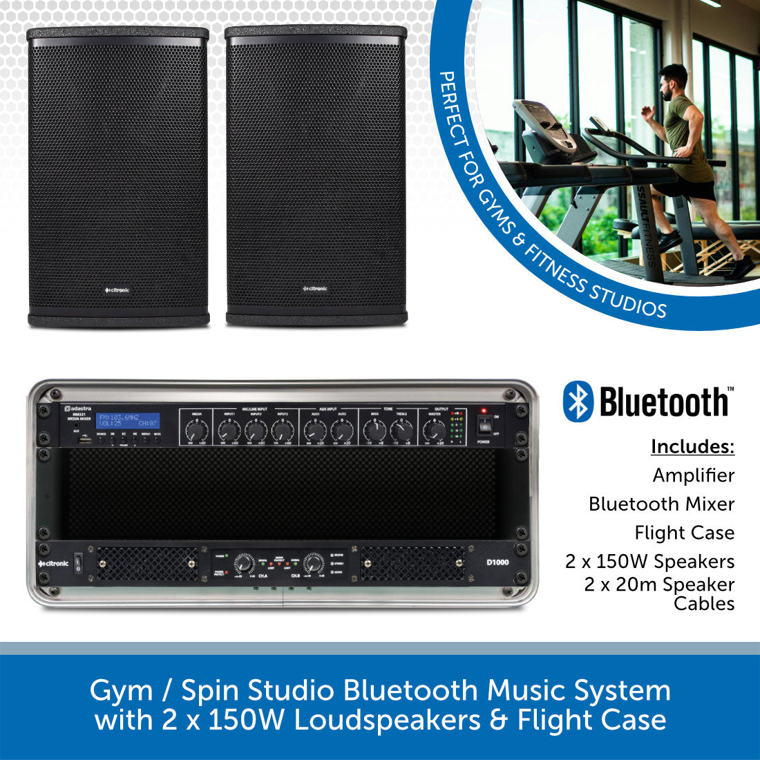 Gym/Spin Bluetooth Music System - 2x 250W Speakers & Case | Audio Volt
