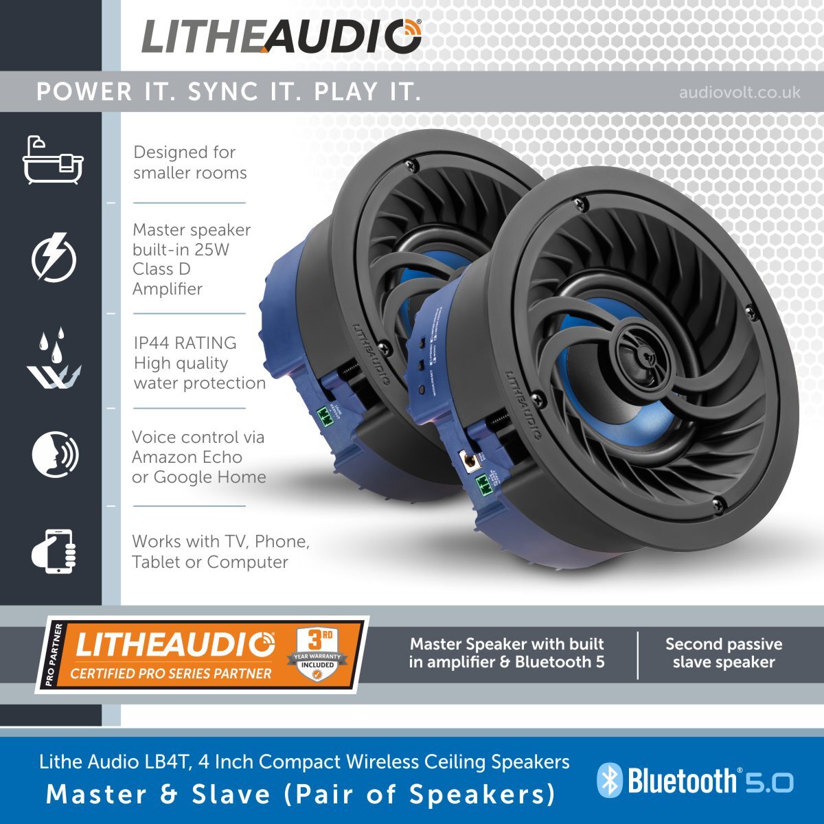 Lithe Audio LBT4 - 4" Bluetooth Wireless Ceiling Speakers (Pair)