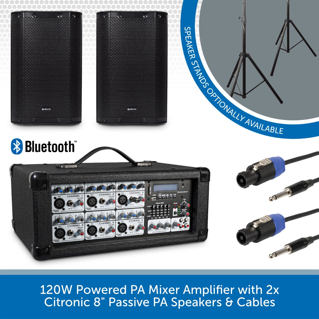 120W Powered PA Mixer Amp with 2x 8" PA Speakers & Cables | Audio Volt