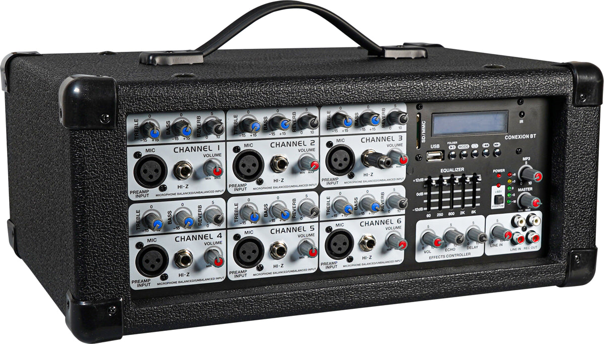 120W Powered PA Mixer Amp with 2x 8" PA Speakers & Cables | Audio Volt