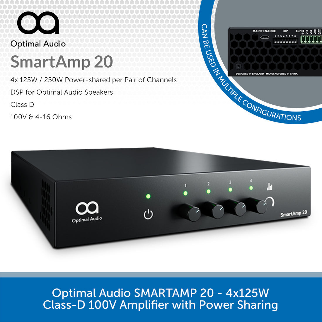 Optimal Audio SmartAmp 20 4x125W 100V Class-D Amplifier | Audio Volt