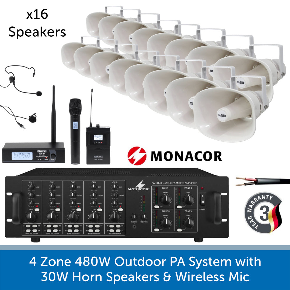4 Zone Outdoor PA System with Horn Speakers & Wireless Mic | AudioVolt