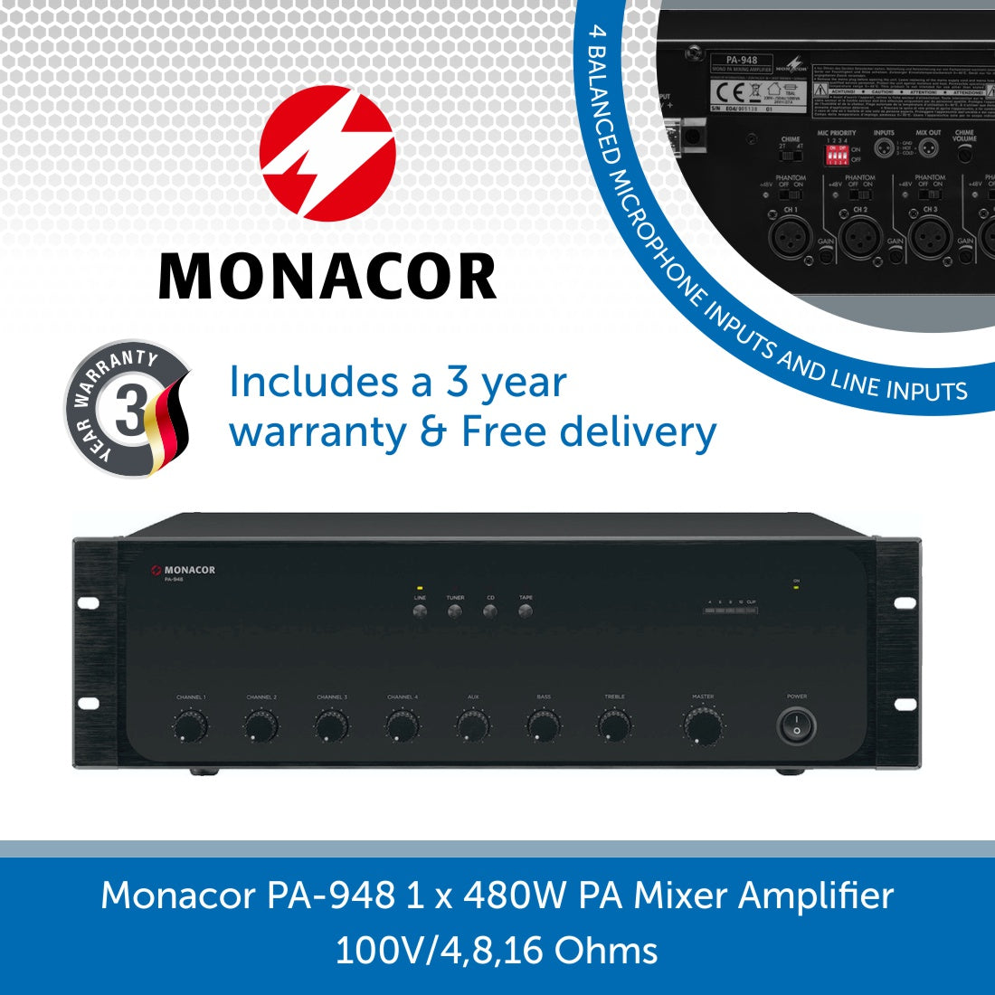 Monacor PA-948 1 x 480W PA Mixer Amplifier | Audio Volt