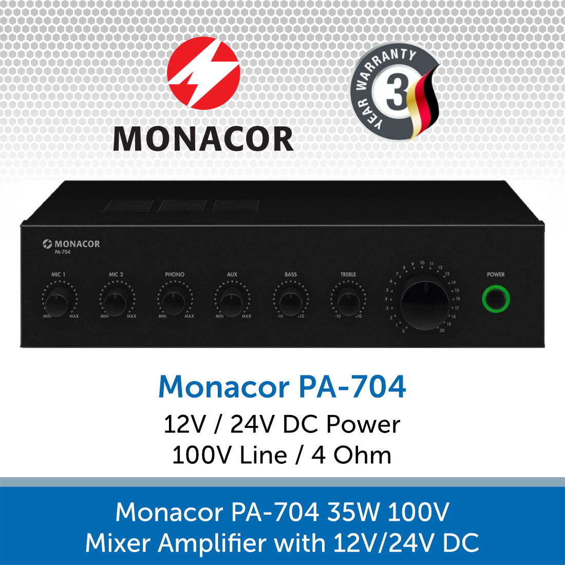 Monacor PA-704 100V Mixer Amplifier with 12V/24V DC | Audio Volt